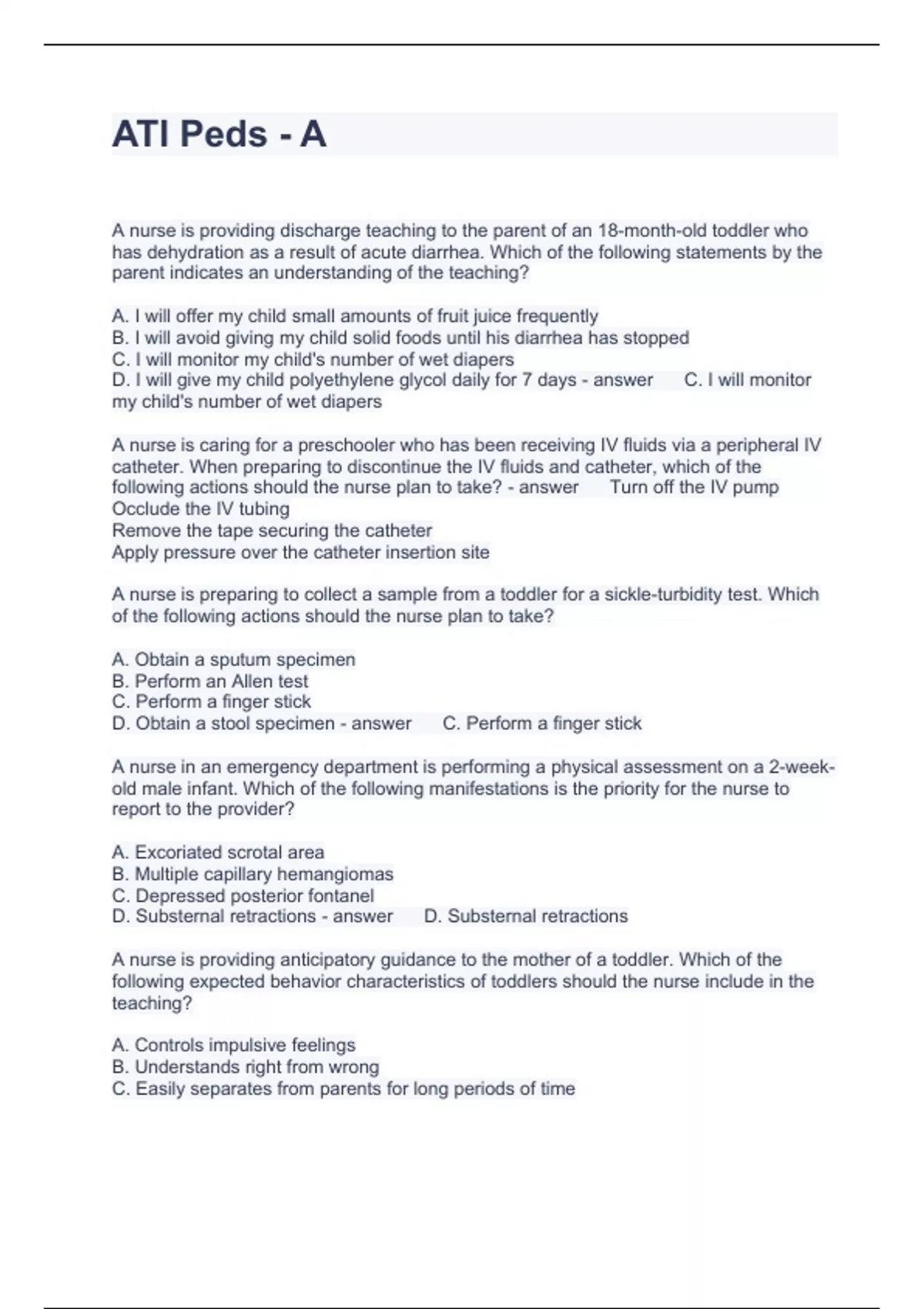 ATI Ped1 Questions with correct Answers 100% correct 2023 - ATI PEDS - Stuvia US