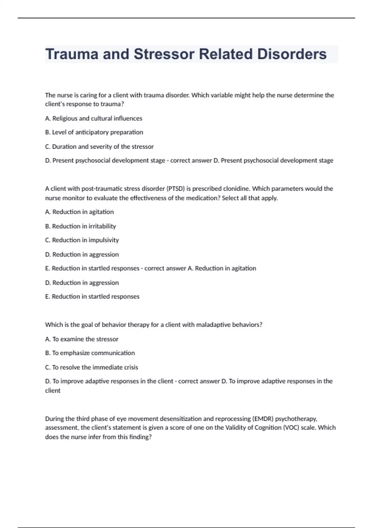 Trauma and Stressor Related Disorders questions with 100% correct ...