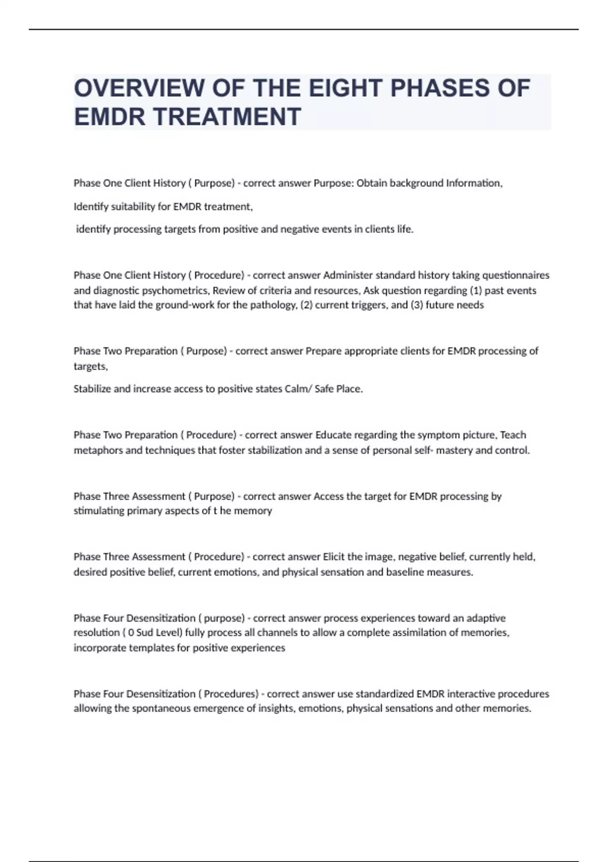 OVERVIEW OF THE EIGHT PHASES OF EMDR TREATMENT questions with 100% ...