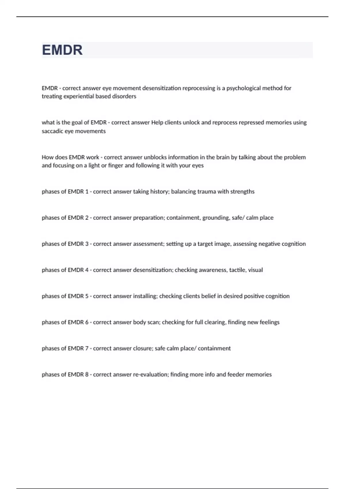 EMDR questions with complete solutions 2023/2024 already passed - EDMR ...