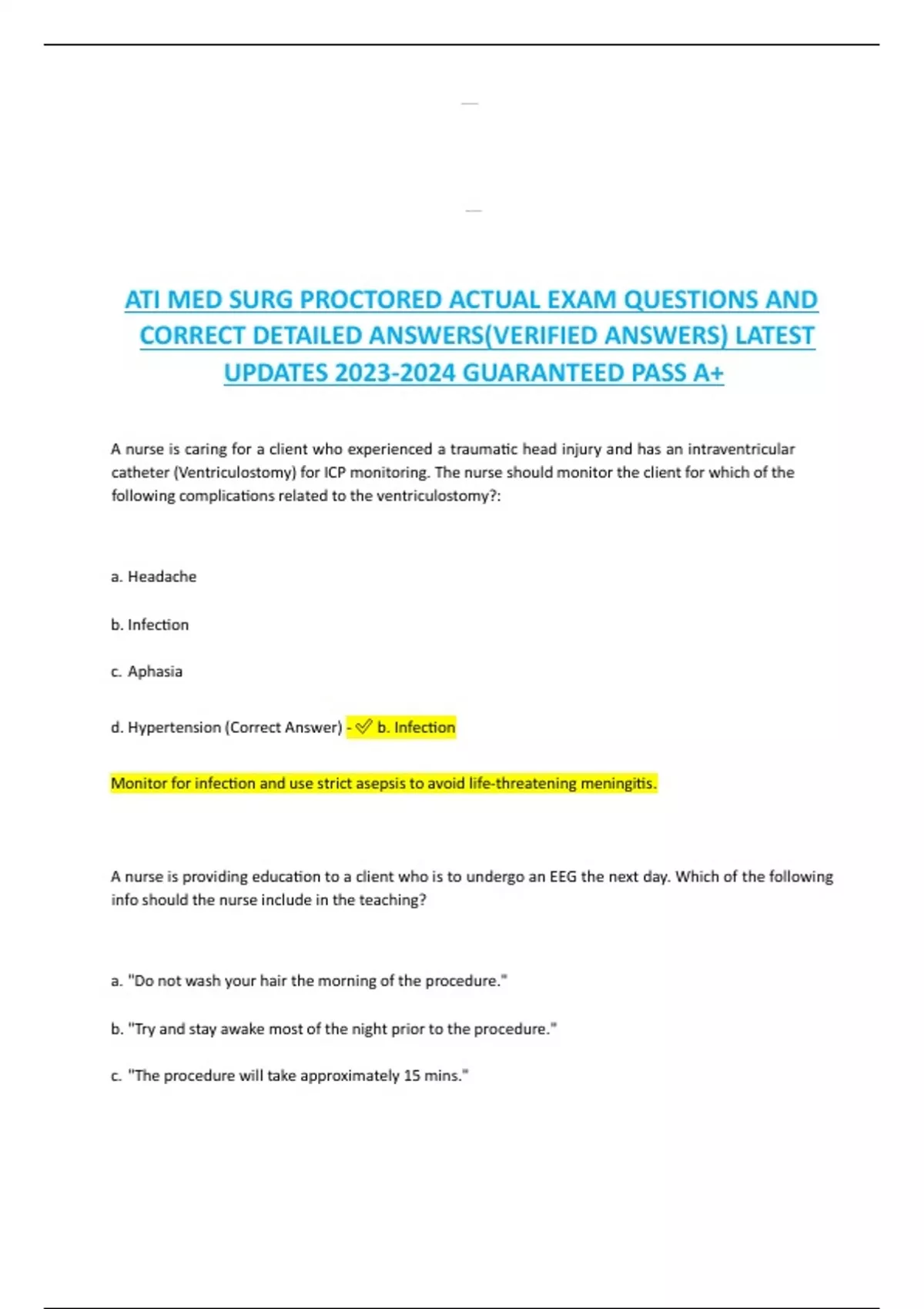 ATI MED SURG PROCTORED ACTUAL EXAM QUESTIONS AND CORRECT DETAILED ...