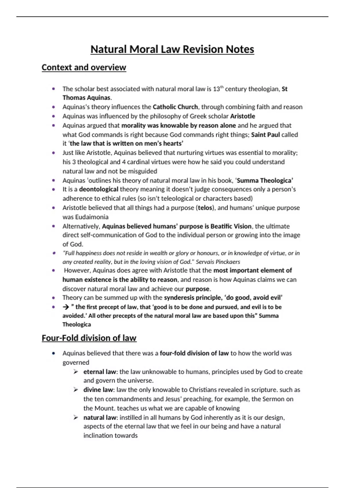 Summary AQA RS Paper 1 Revision Notes on Natural Moral Law - Stuvia UK