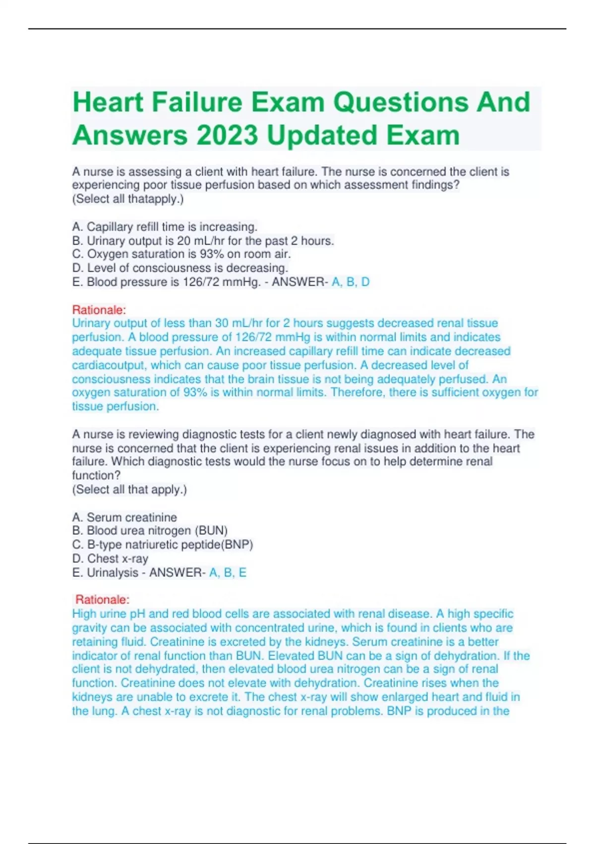 Heart Failure Exam Questions And Answers 2023 Updated Exam - Heart ...