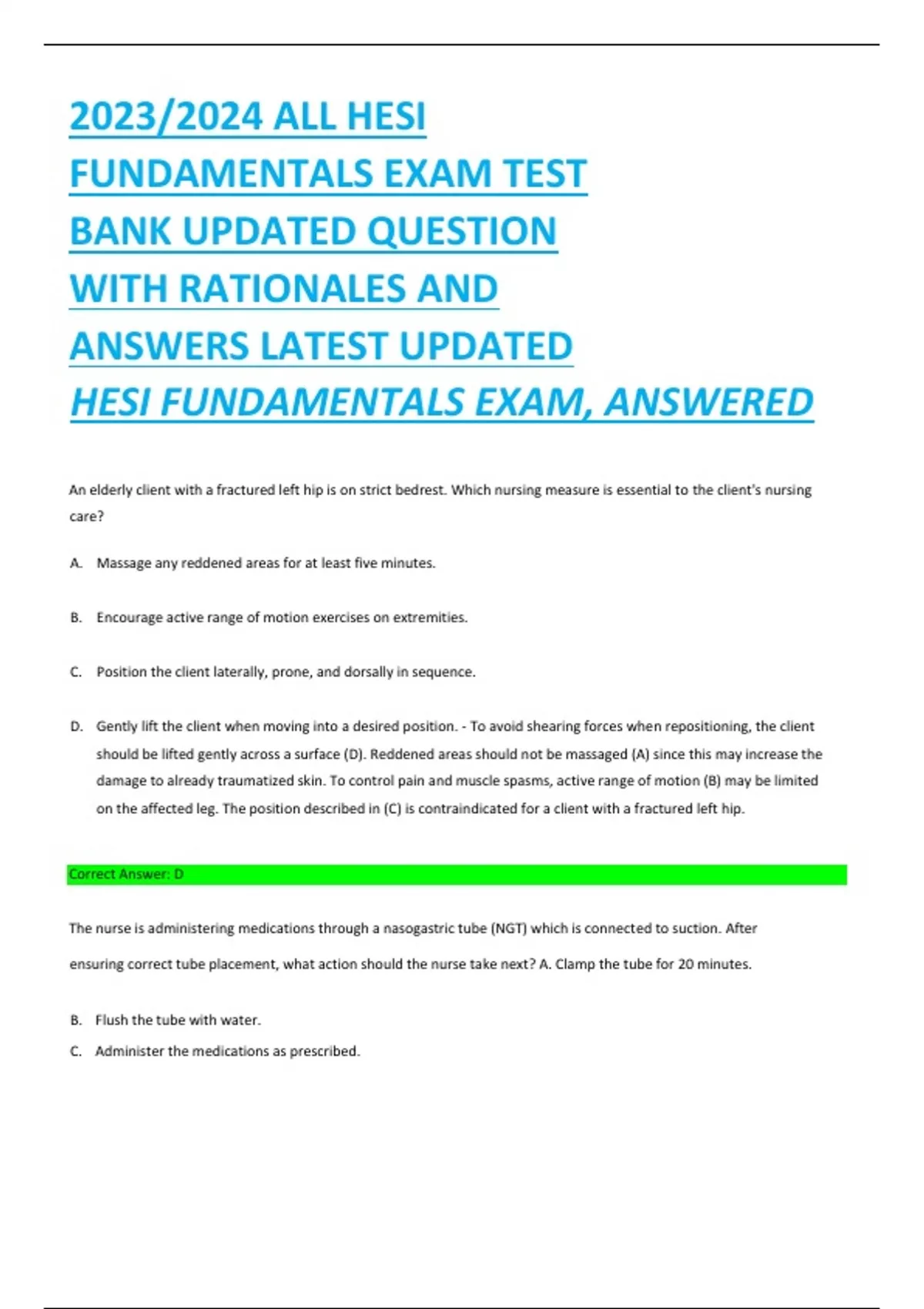 2023/2024 ALL HESI FUNDAMENTALS EXAM TEST BANK UPDATED QUESTION WITH ...