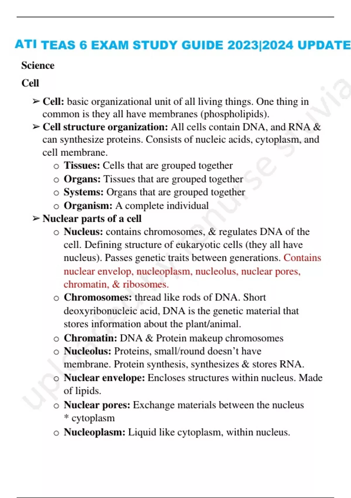 ATI TEAS 6 EXAM STUDY GUIDE 2023|2024 UPDATE Science CeLL Cell: basic ...