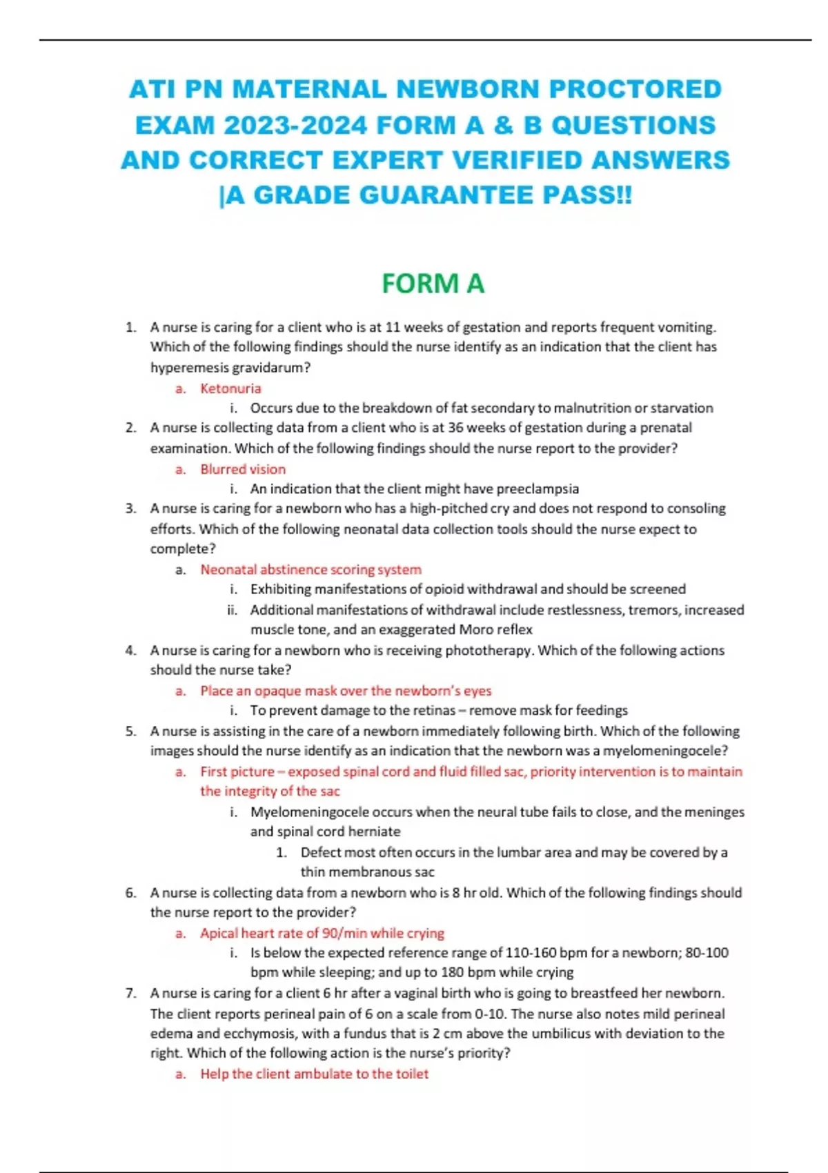 ATI PN MATERNAL NEWBORN PROCTORED EXAM FORM A & B QUESTIONS AND CORRECT ...