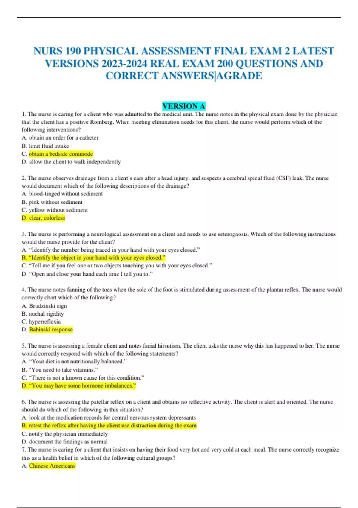 NURS 190 PHYSICAL ASSESSMENT FINAL EXAM 2 LATEST VERSIONS REAL EXAM 200 ...