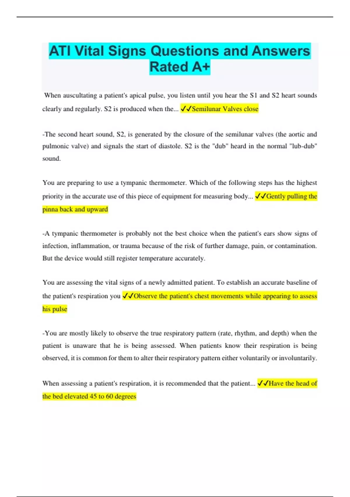 ATI Vital Signs Questions and Answers Rated A+ - ATI 3.0 Maternal ...