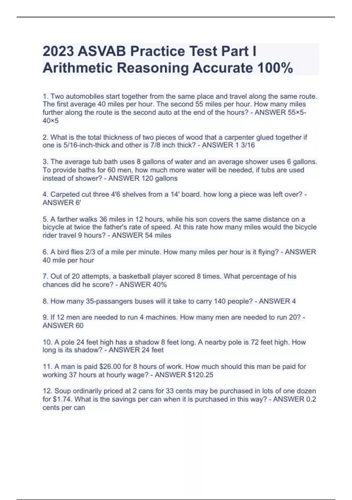 2023 ASVAB Practice Test Part I Arithmetic Reasoning Accurate 100% ...