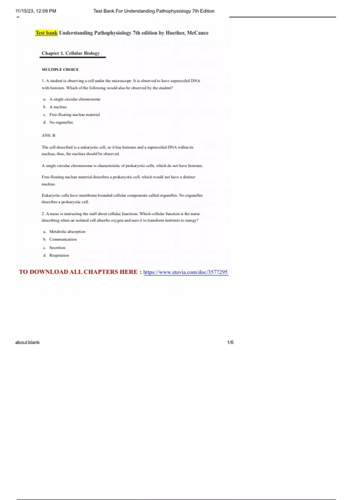 Test bank Understanding Pathophysiology 7th edition by Huether, McCance ...