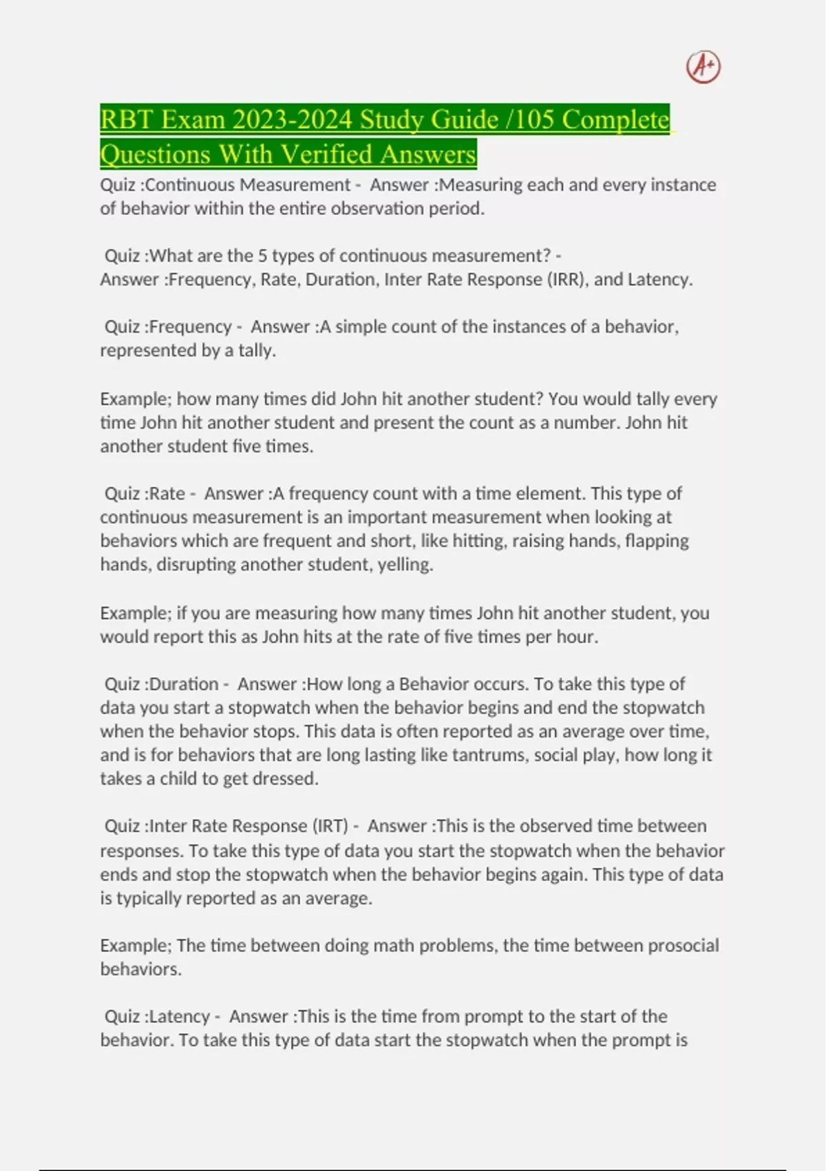 RBT Exam Study Guide /105 Complete Questions With Verified Answers ...