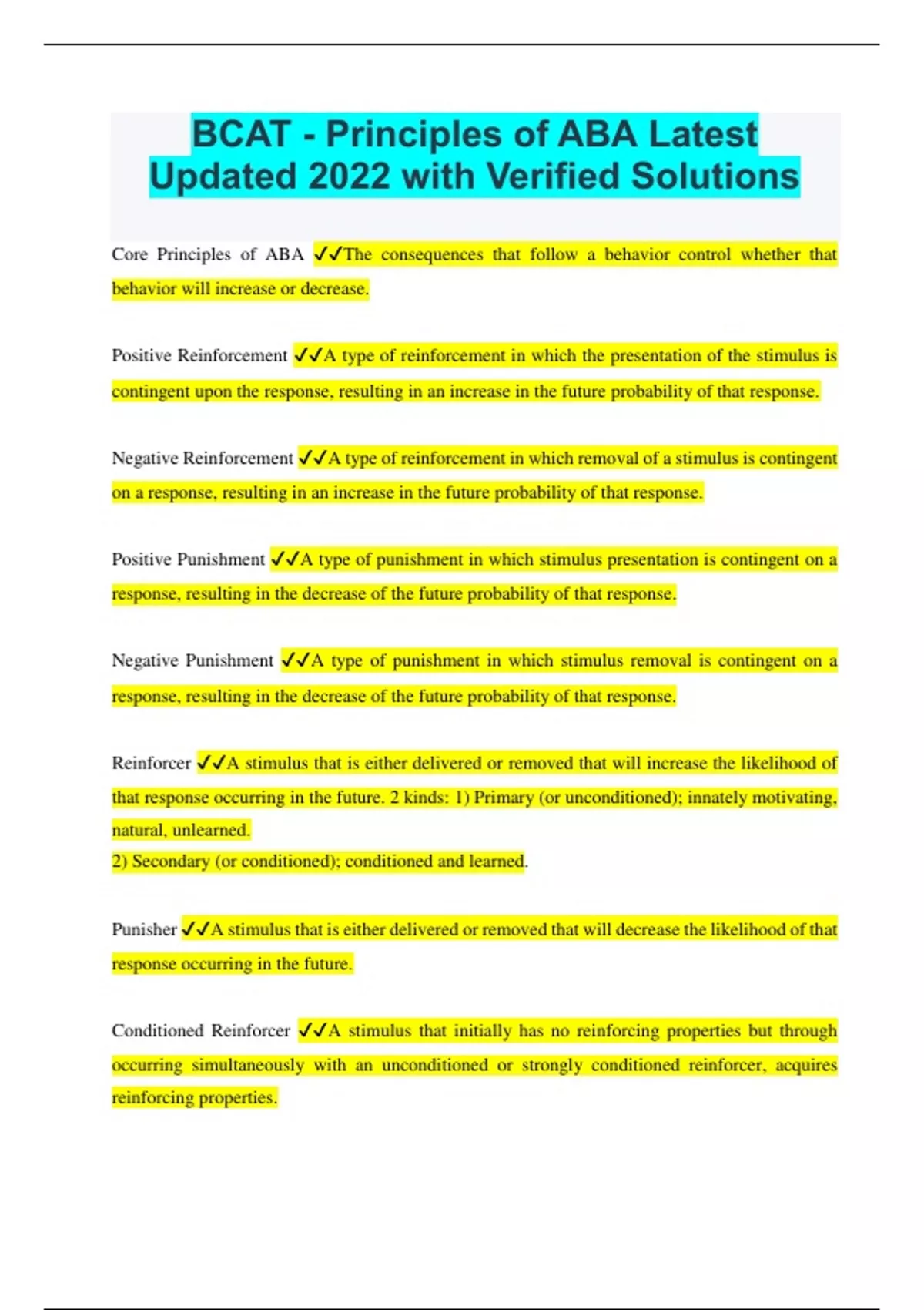 BCAT - Principles of ABA Latest Updated 2022 with Verified Solutions ...
