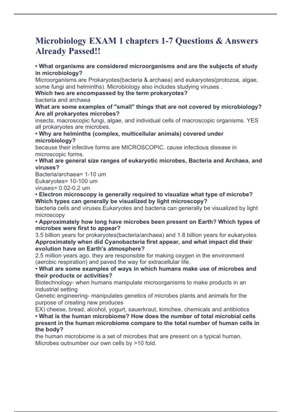 Microbiology EXAM 1 chapters 1-7 Questions & Answers Already Passed ...