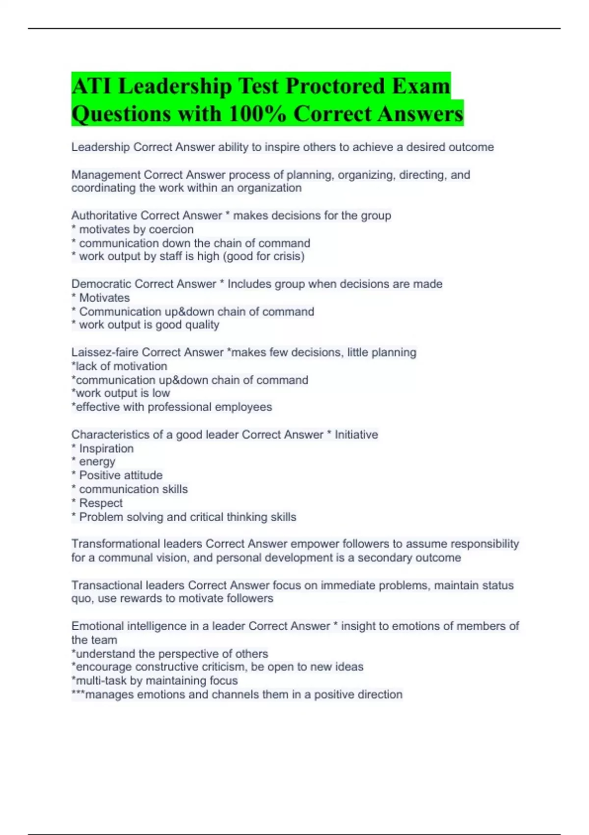 ATI Leadership Test Proctored Exam Questions with 100% Correct Answers ...