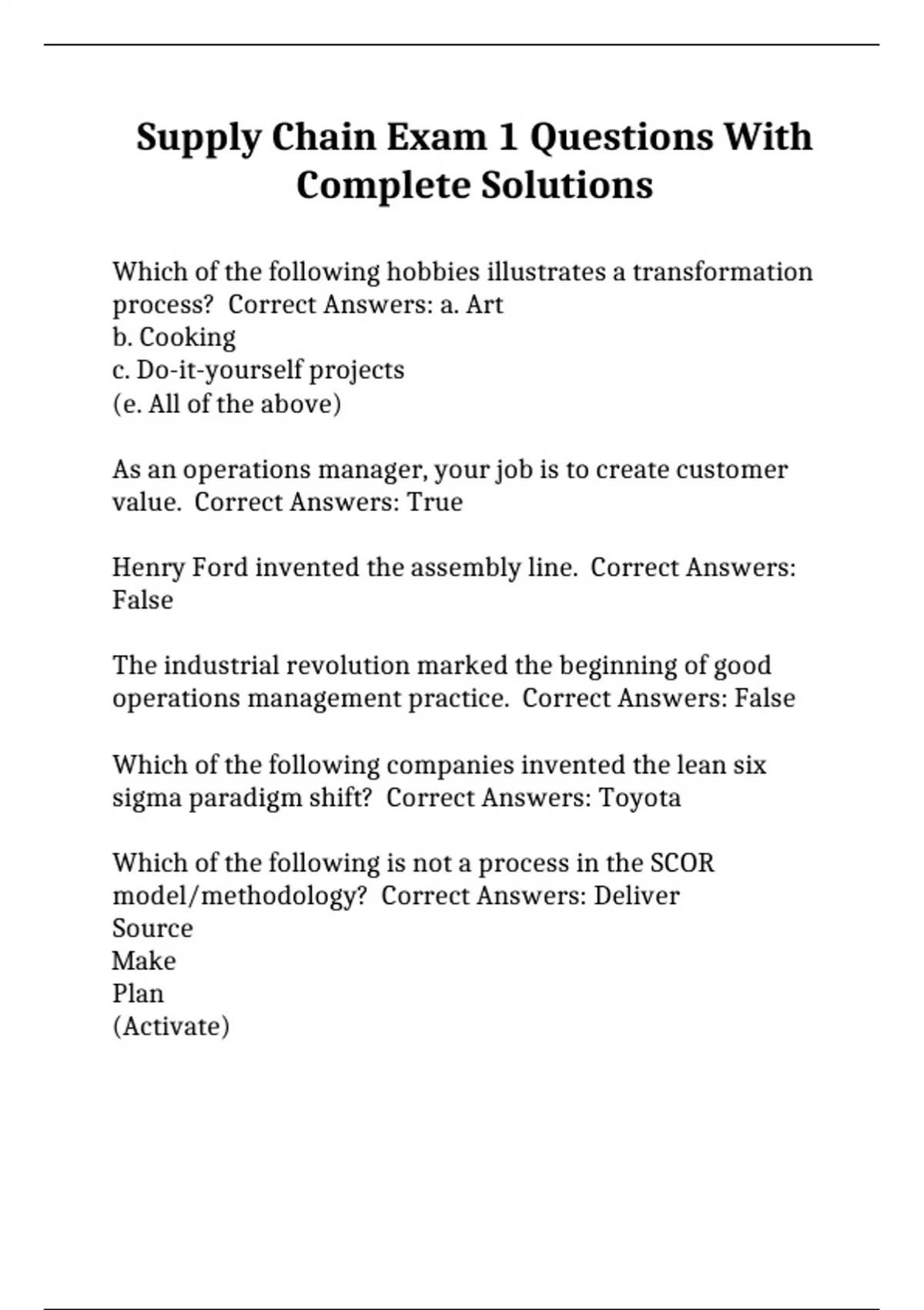 Supply Chain Exam 1 Questions With Complete Solutions - SUPPLY CHAIN ...