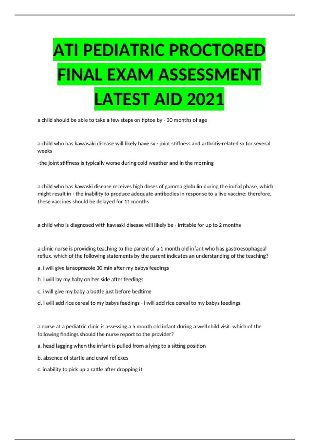ATI PEDIATRIC PROCTORED FINAL EXAM ASSESSMENT LATEST AID 2021 - ATI ...