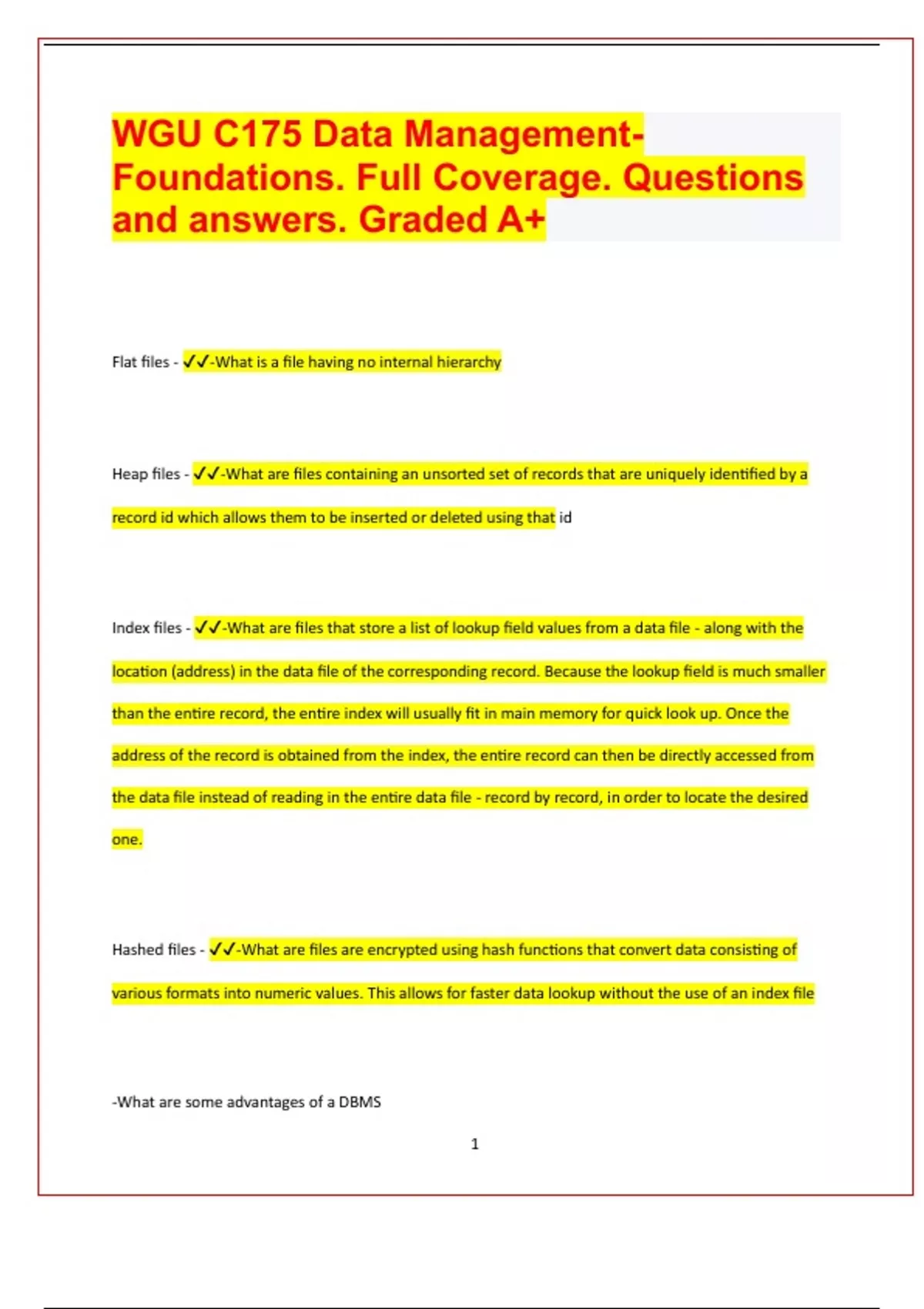 WGU C175 Final+1+2. Data Management – Foundations. Questions and ...