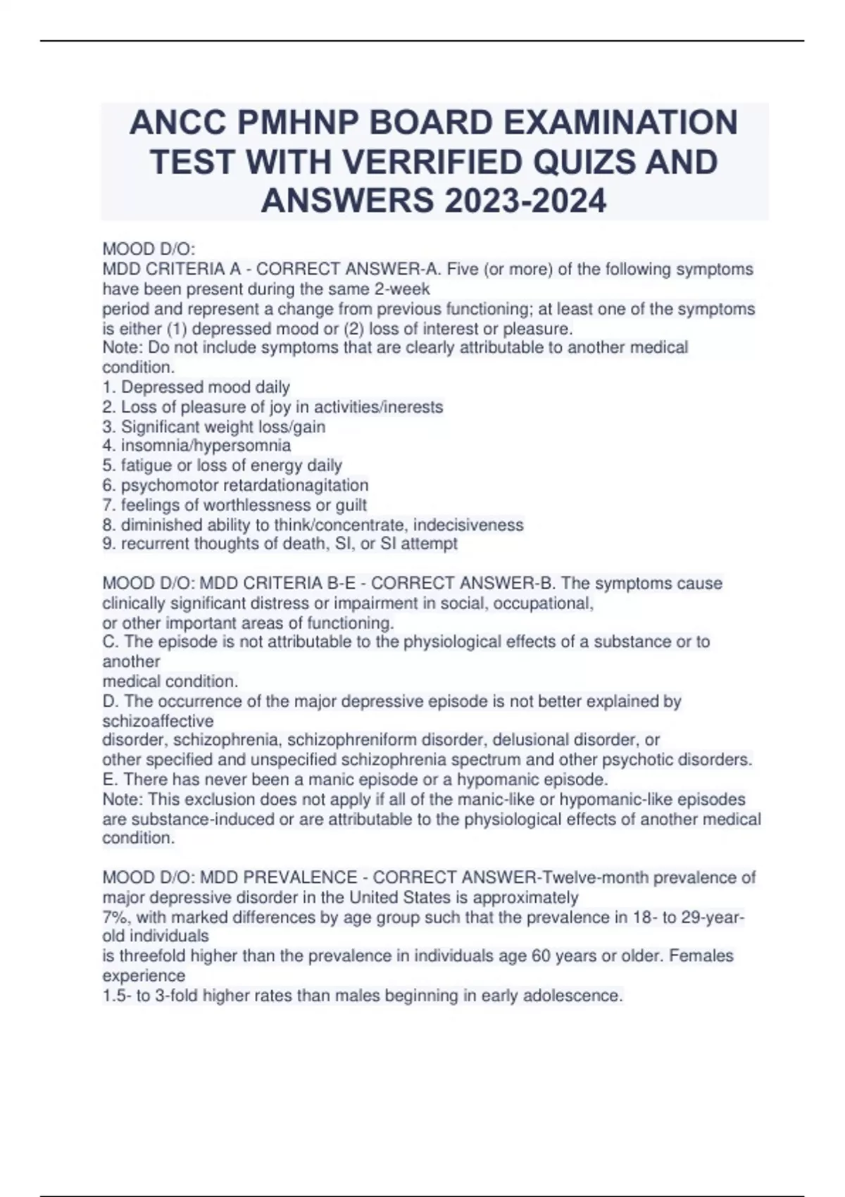 A PACKAGE FOR ANCC PMHNP BOARD EXAMINATION TEST WITH VERRIFIED QUIZS ...