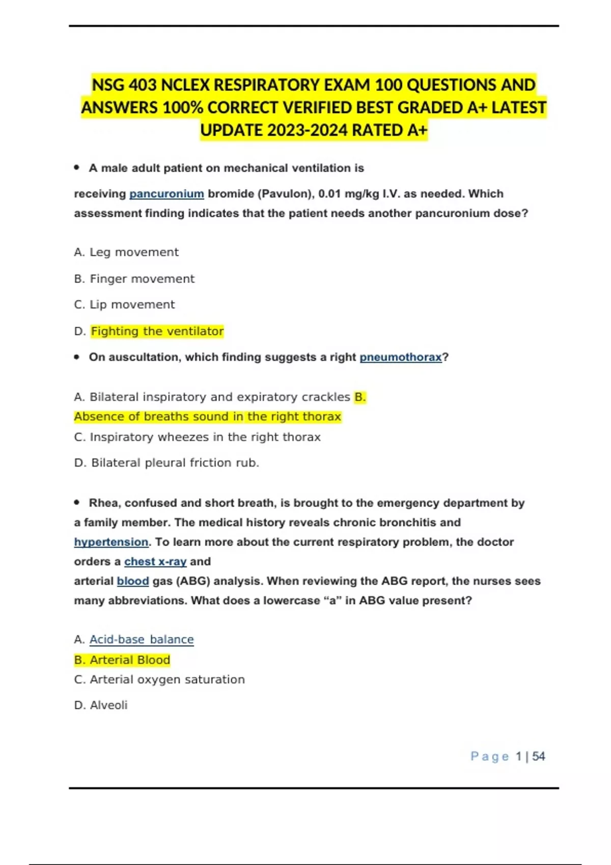 NSG 403 NCLEX RESPIRATORY EXAM 100 QUESTIONS AND ANSWERS 100% CORRECT ...