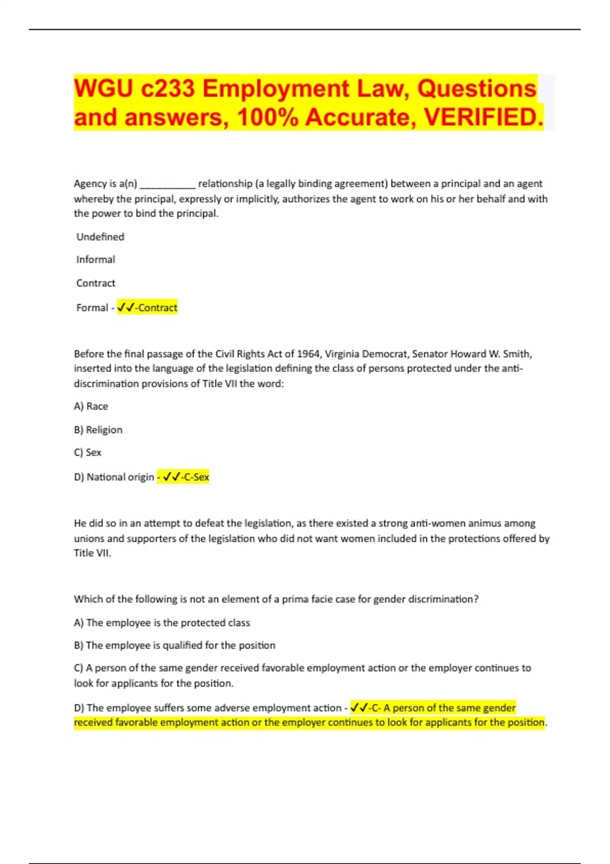 WGU c233 Employment Law, Questions and answers, 100% Accurate, VERIFIED ...