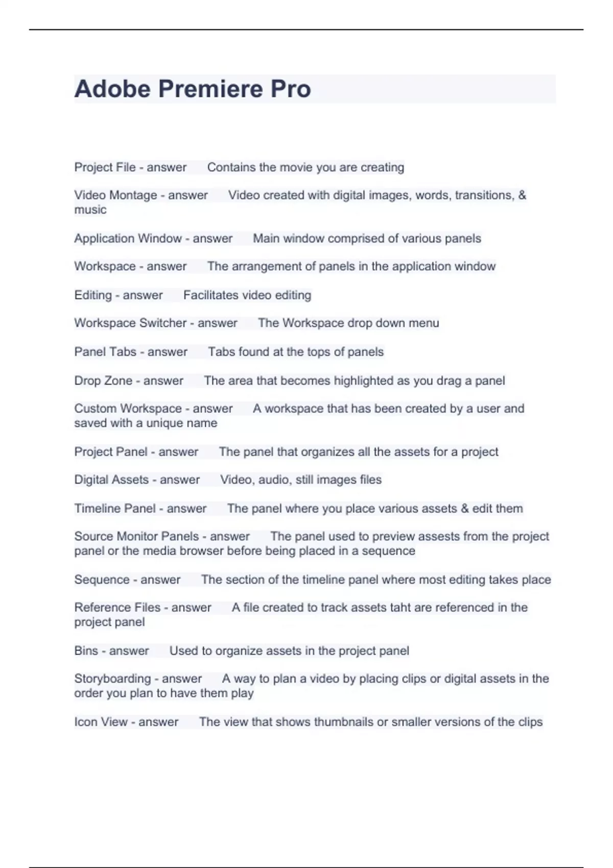 Adobe Premiere Pro Questions with solutions - Adobe premier - Stuvia US