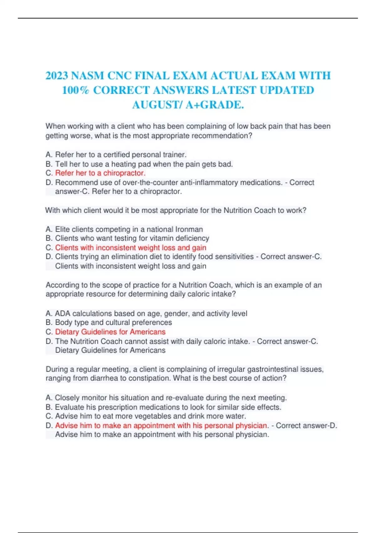 BUNDLE FOR NASM EXAMS 2024/ACTUAL EXAMS QUESTIONS WITH CORRECT DETAILED ...