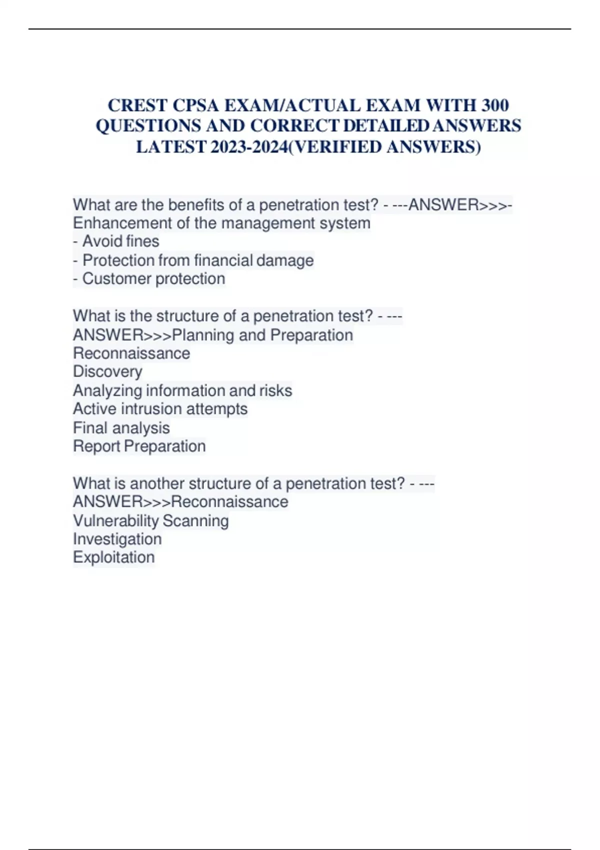 CREST CPSA EXAM ACTUAL EXAM WITH 300 QUESTIONS AND CORRECT DETAILED crest-cpsa-exam-actual-exam-with-300-questions-and-correct-detailed