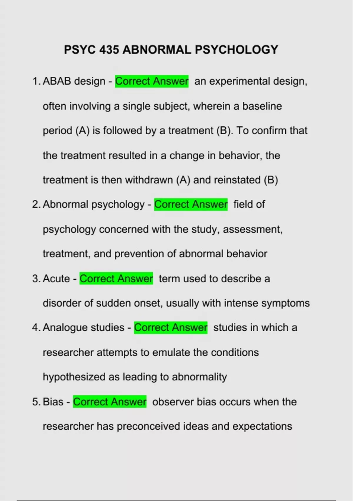 PSYC 435 ABNORMAL PSYCHOLOGY Question and Answers - PSYC 435 ABNORMAL ...