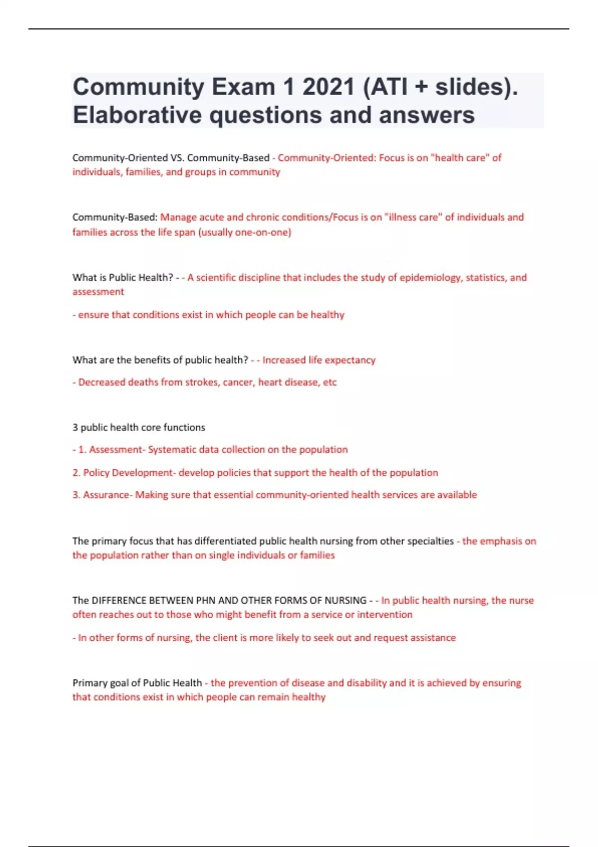 Community Exam 1 2021 (ATI + slides). Elaborative questions and answers ...