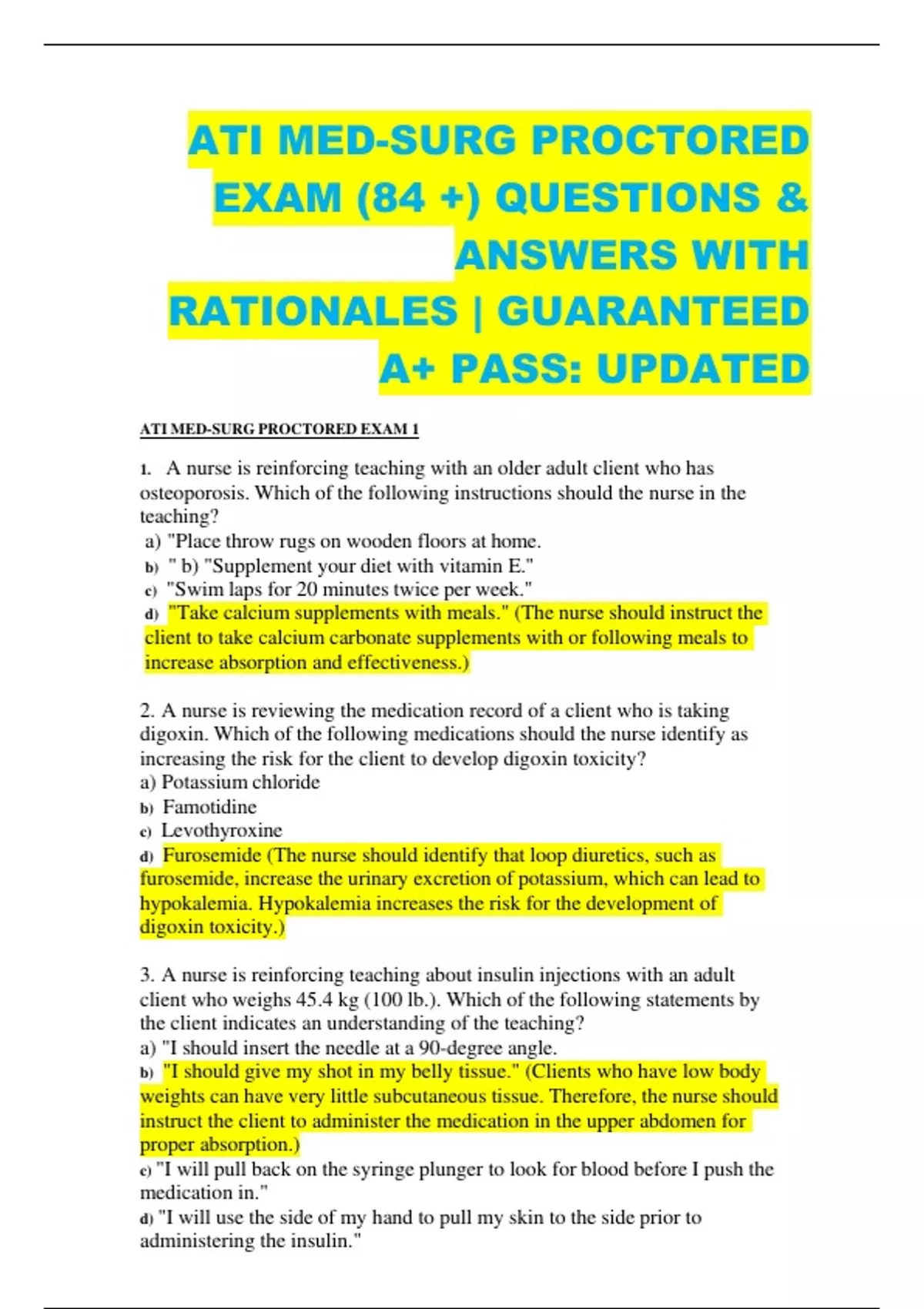 ATI MED-SURG PROCTORED EXAM (84 +) QUESTIONS & ANSWERS WITH RATIONALES | GUARANTEED A+ PASS ...