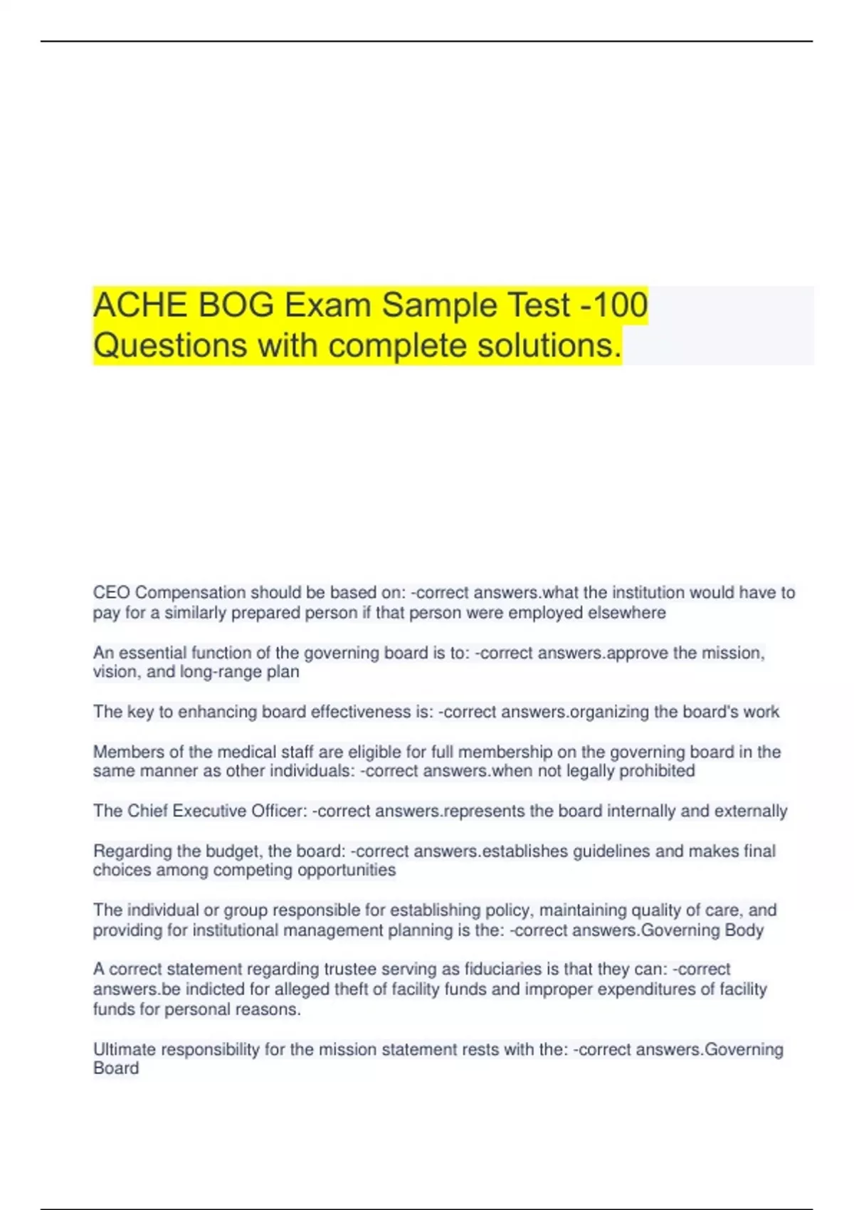 ACHE BOG Sample Test questions and answers latest top score. - ACHE BOG ...