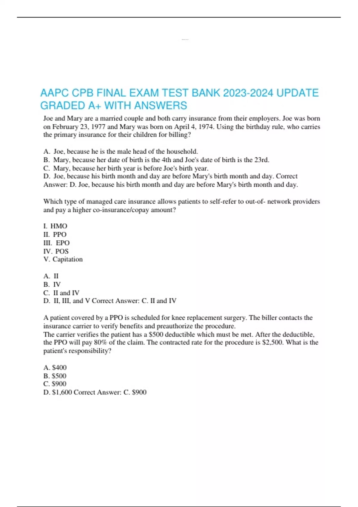 AAPC CPB FINAL EXAM TEST BANK UPDATE GRADED A+ WITH ANSWERS - AAPC CPB ...
