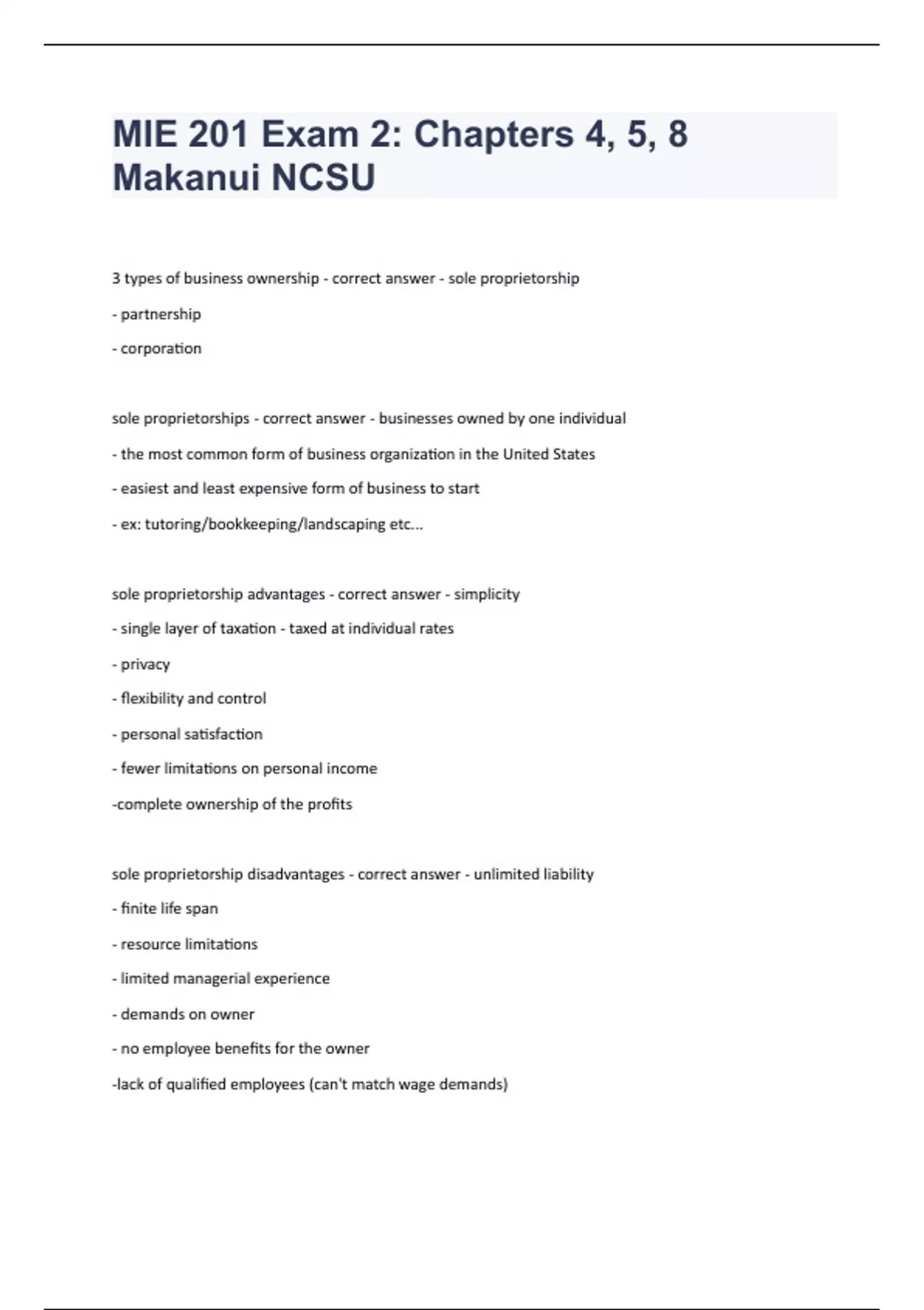 MIE 201 Exam 2 Chapters 4, 5, 8 Makanui NCSU questions with correct ...