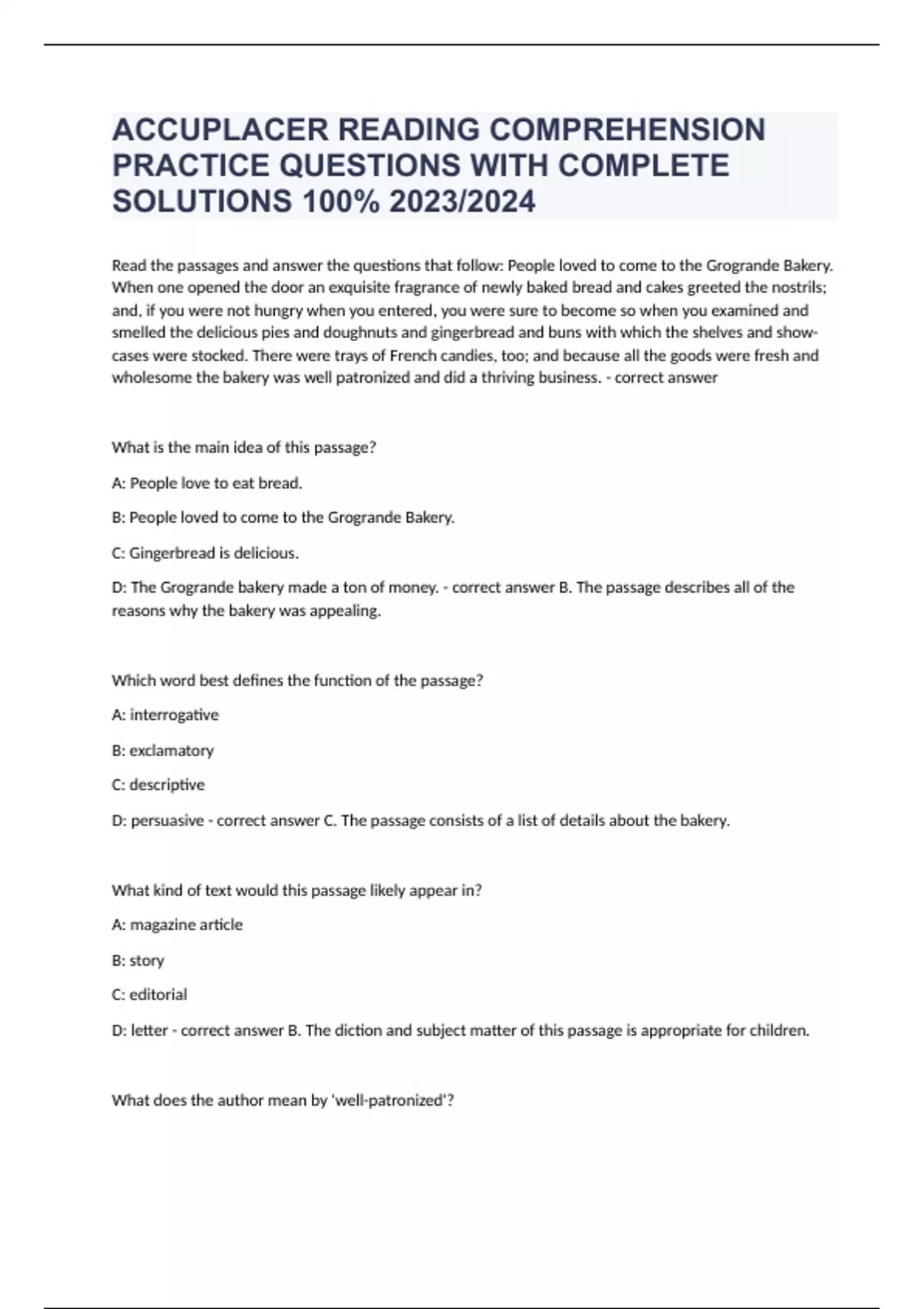 Accuplacer Reading Comprehension Practice Questions With Complete Solutions 100 2023 2024