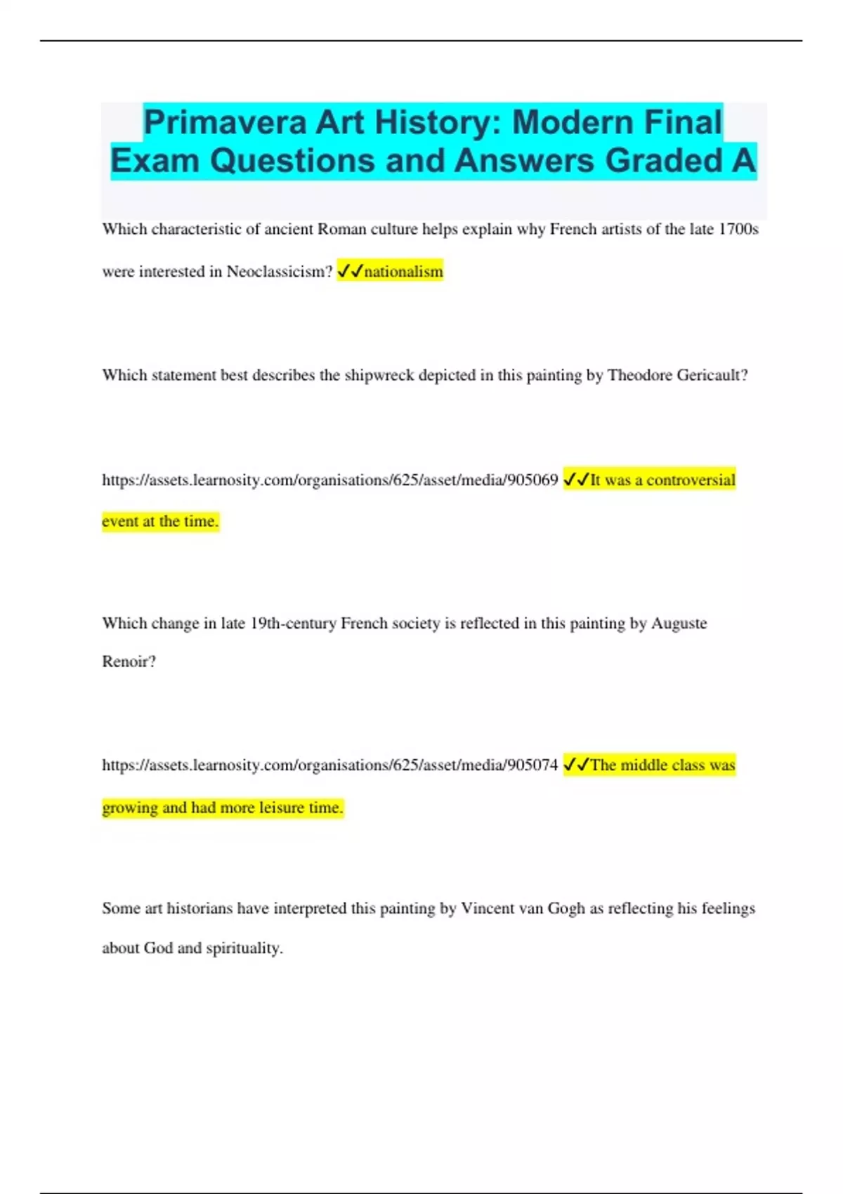 Primavera Art History: Modern Final Exam Questions and Answers Graded A ...