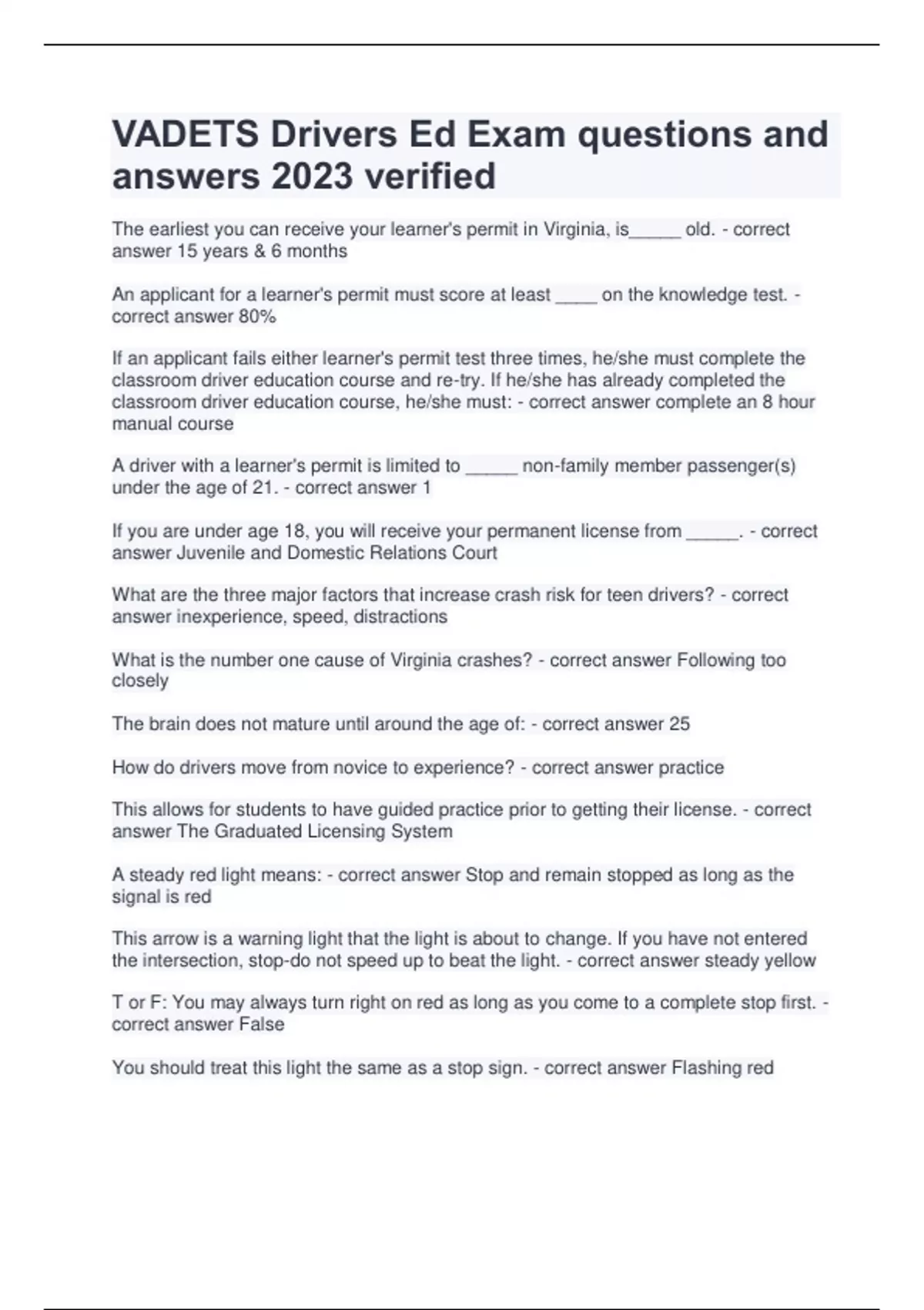 DRIVERS ED VADETS FINAL EXAM QUESTIONS AND ANSWERS 100 CORRECT New 2023 ...