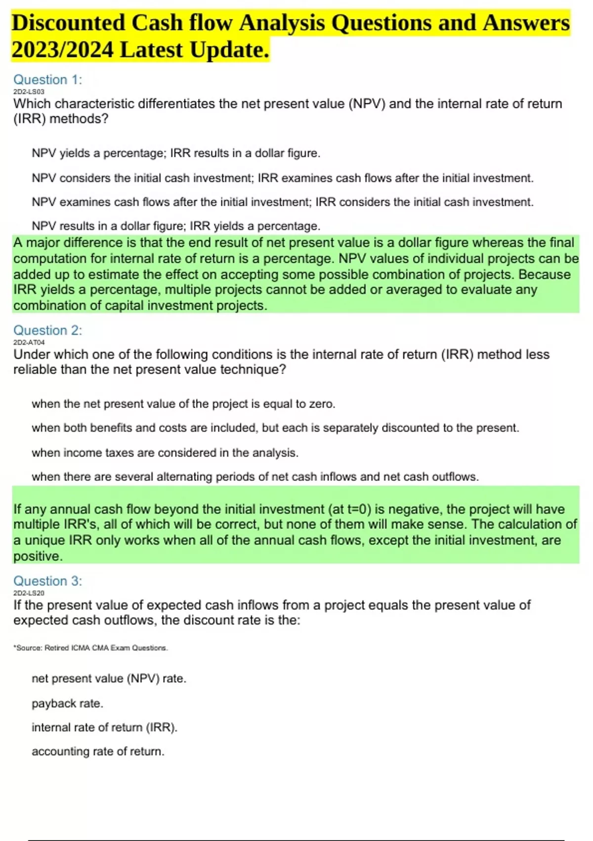 Discounted Cash flow Analysis Questions and Answers 2023/2024 Latest ...