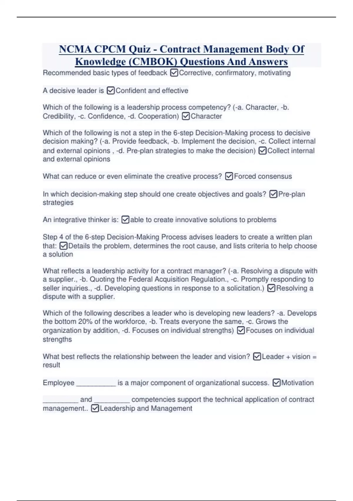 NCMA CPCM Quiz - Contract Management Body Of Knowledge (CMBOK ...