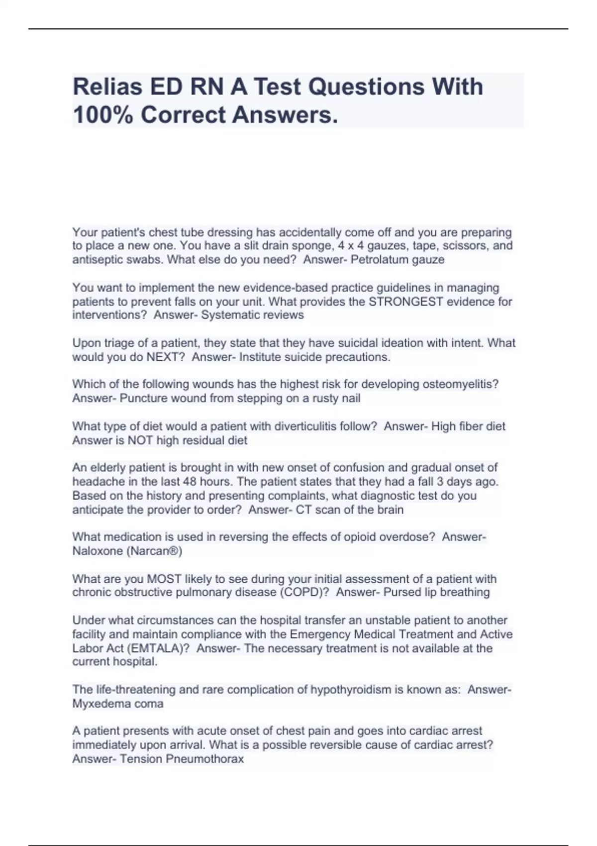 Relias ED RN A Test Questions With 100% Correct Answers. - Relias ED RN ...