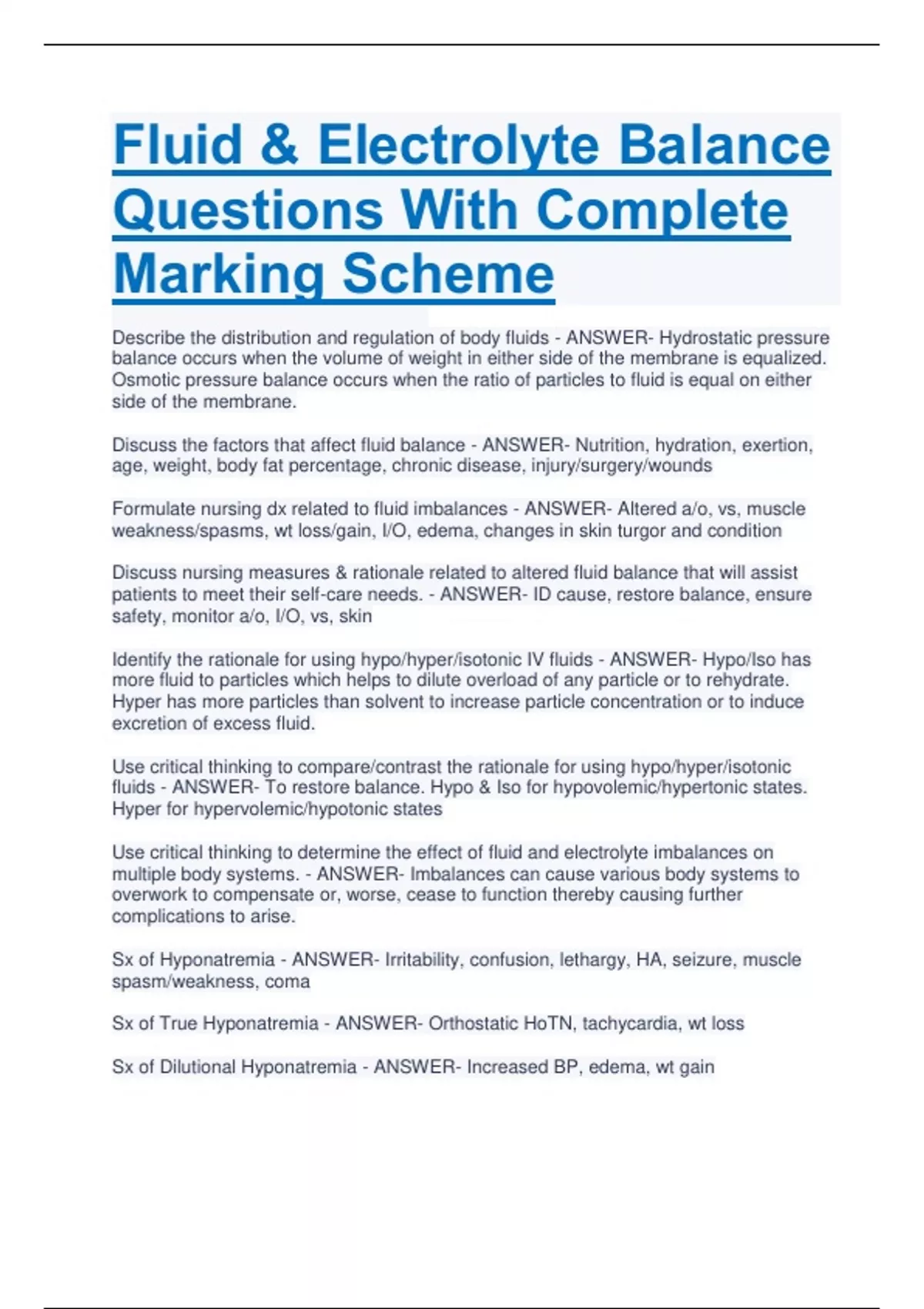 Fluid & Electrolyte Balance Questions With Complete Marking Schem ...
