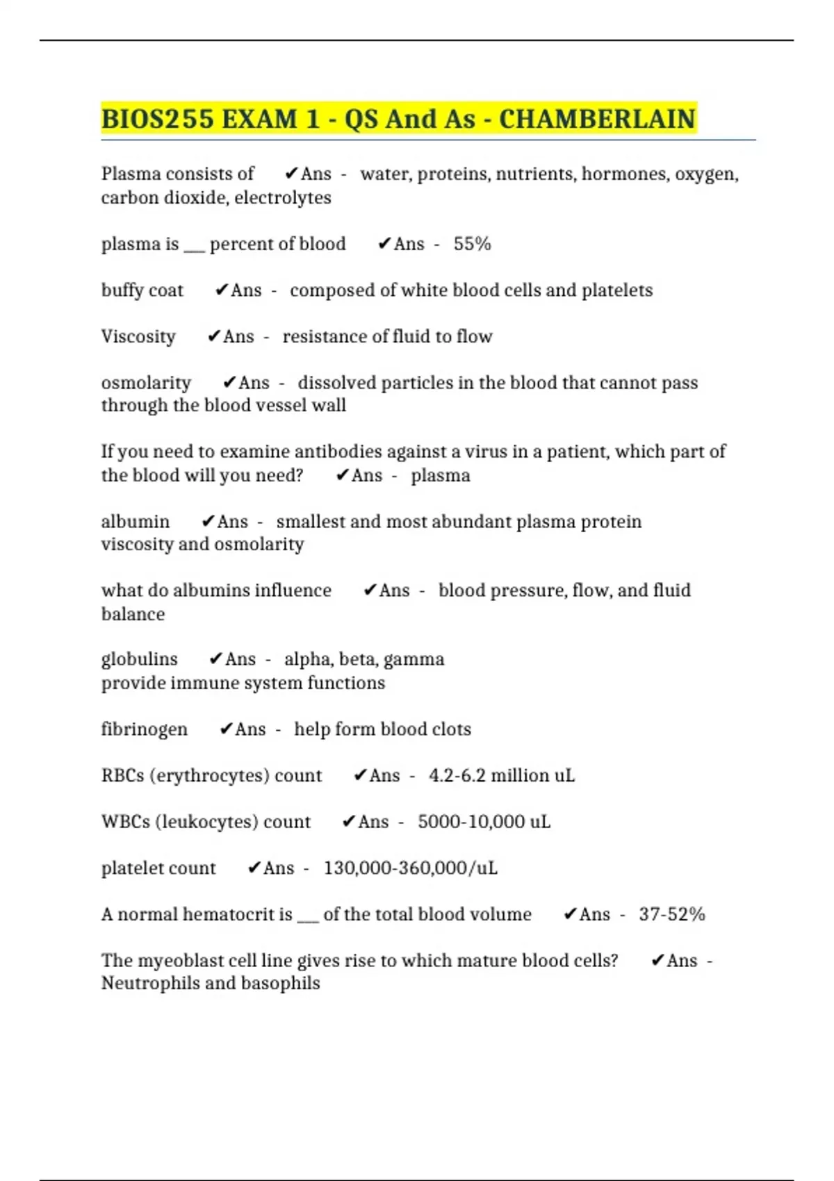 BIOS255 EXAM 1 - QS And As - CHAMBERLAIN - BIOS 255 - Stuvia