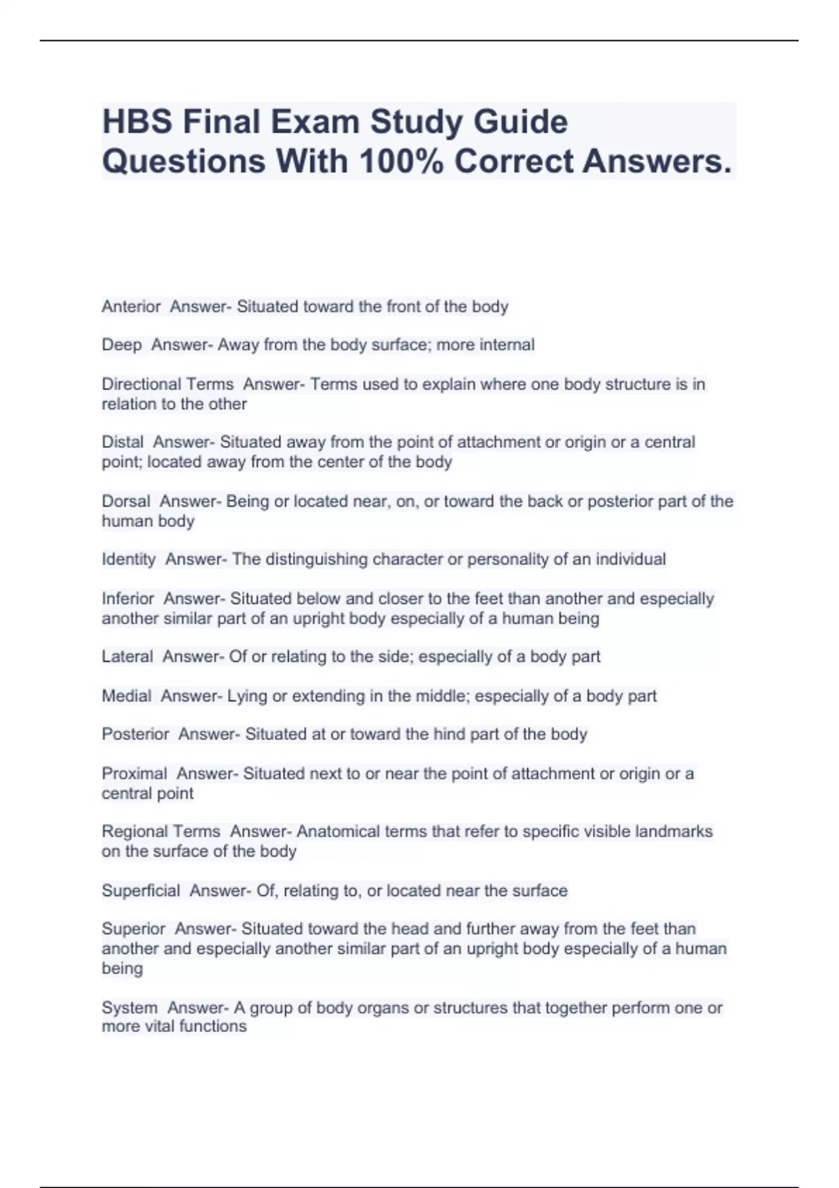 HBS Final Exam Study Guide Questions With 100% Correct Answers. - HBS - Stuvia US