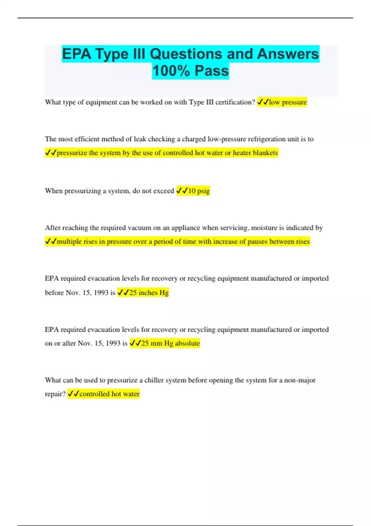 EPA Type III Questions and Answers 100% Pass - EPA 608 9th edition ...
