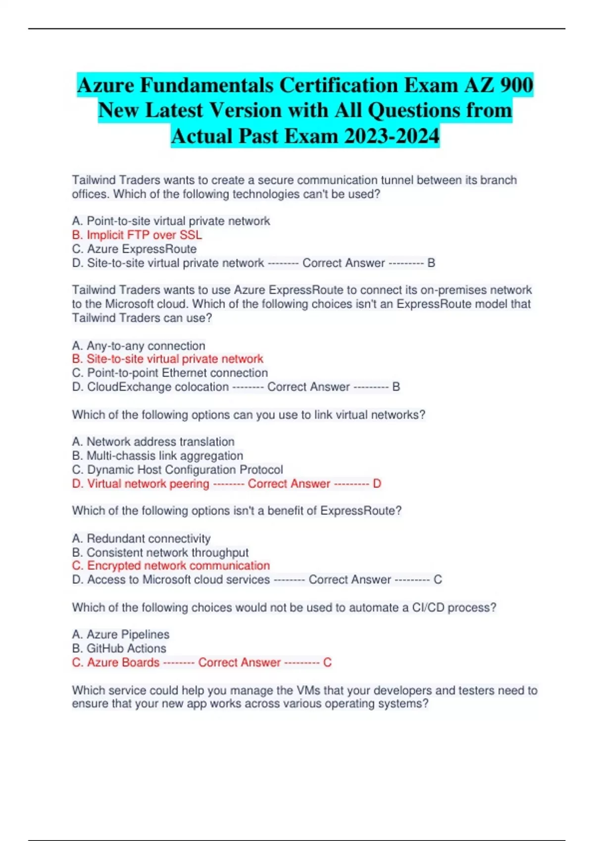 Azure Fundamentals Certification Exam AZ 900 New Latest Version with ...