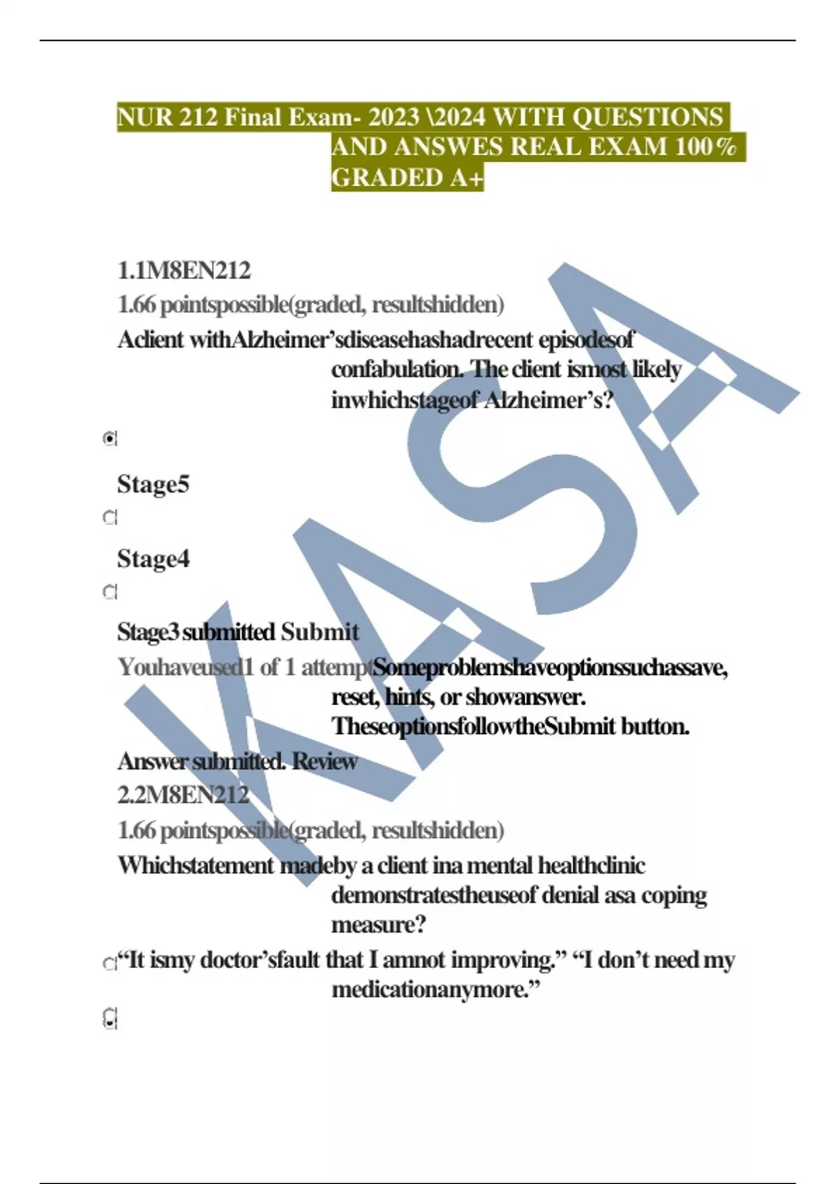 NUR 212 Final Exam- WITH QUESTIONS AND ANSWES REAL EXAM 100% GRADED A+ - NUR 212- 2023 \\2024 ...