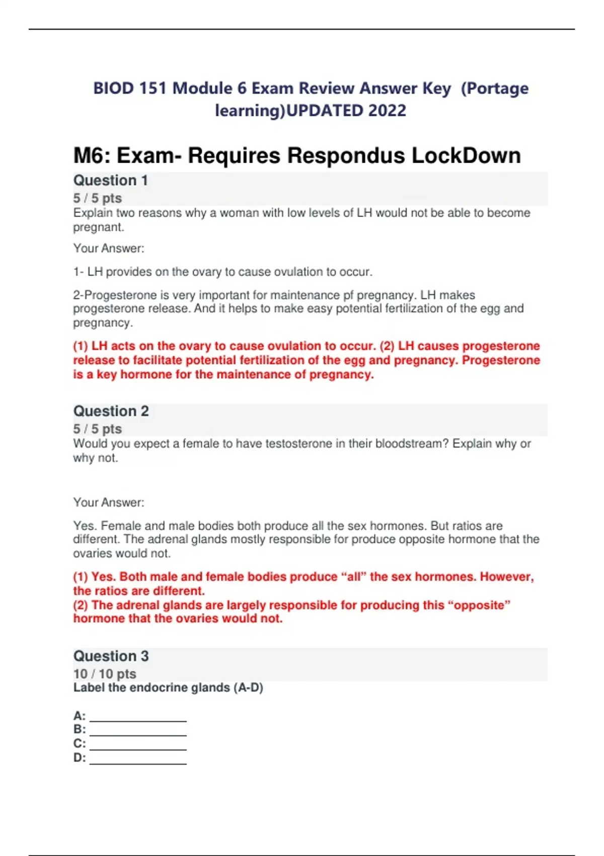BIOD 151 Module 6 Exam Review Answer Key (Portage learning)UPDATED ...