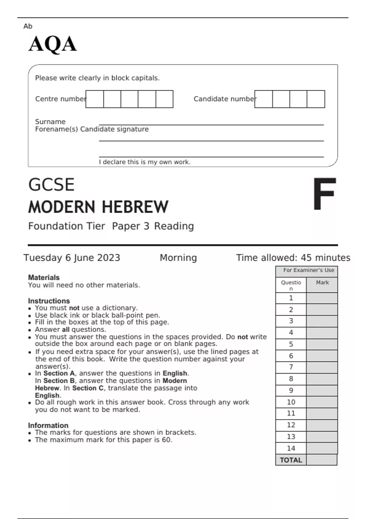 AQA GCSE MODERN HEBREW Foundation Tier Paper 3 JUNE 2023 QUESTION PAPER ...
