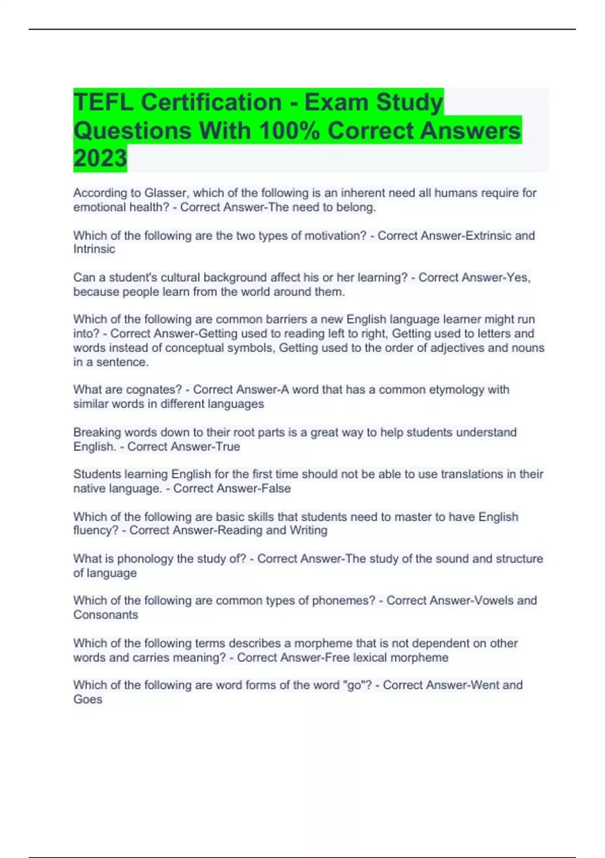 TEFL Certification - Exam Study Questions With 100% Correct Answers 2023 - TEFL - Stuvia US