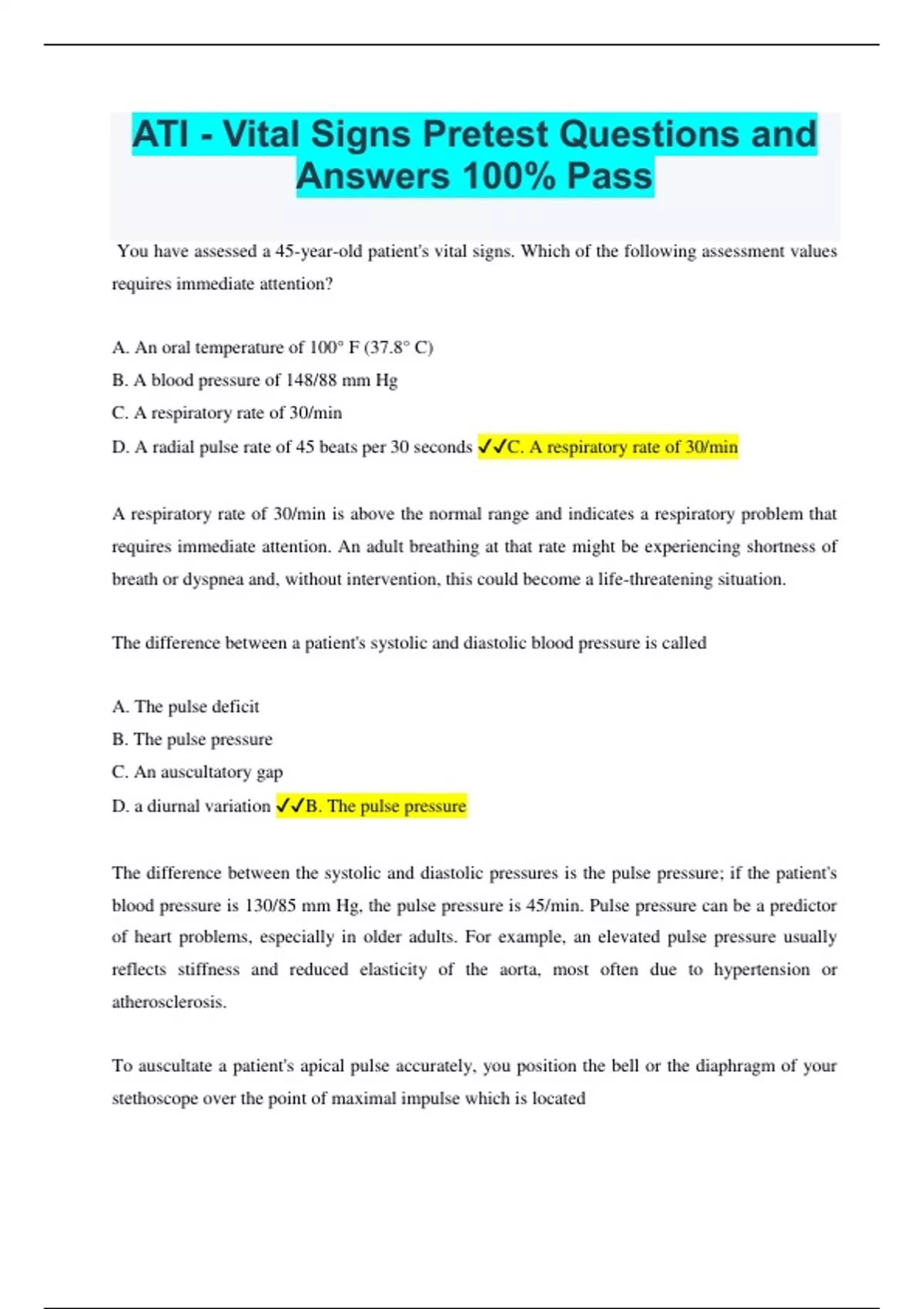 ATI - Vital Signs Pretest Questions and Answers 100% Pass - ATI - Stuvia US
