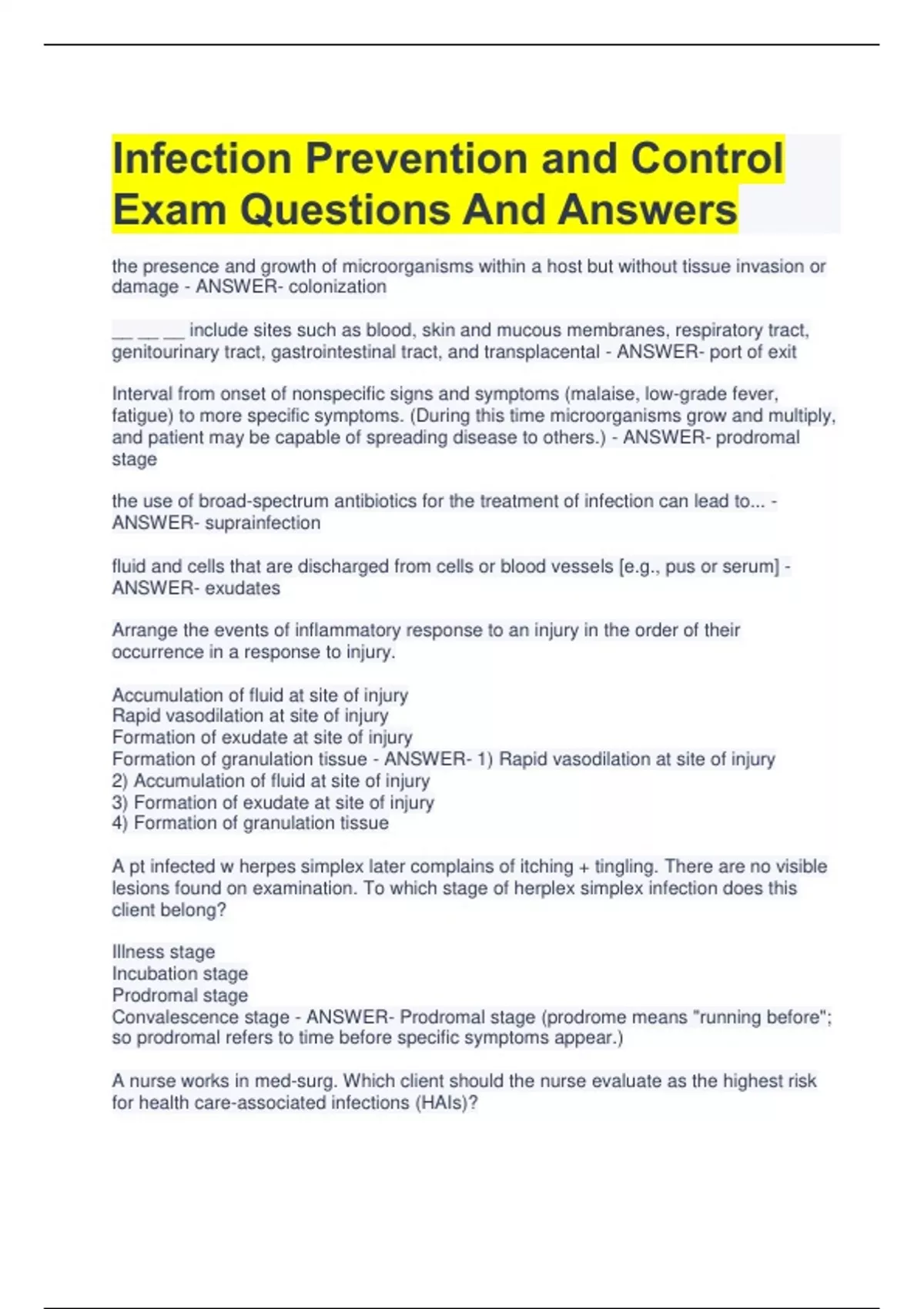 Infection Prevention And Control Exam Questions And Answers Infection Prevention And Control